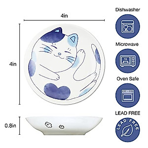 HAKONE YOSEGI Japanese Small Plate Set Ceramic Cute Cats Design Appetizer Dessert Sushi Sauce 3.94 x 0.8 Inches Set of 4