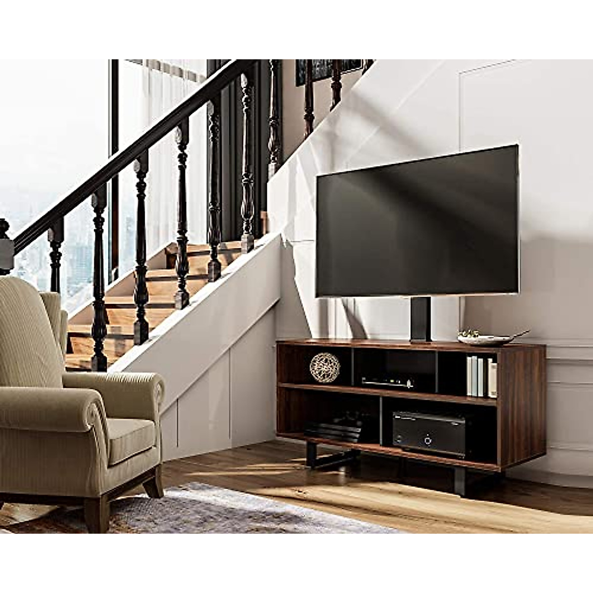 FITUEYES TV Stand with Mount for 32-70 inch TVs, Swivel Floor Entertainment Center with Wood Console Holds Up to 110 Pounds For Living Room, Bedroom (Walnut Television Stands)