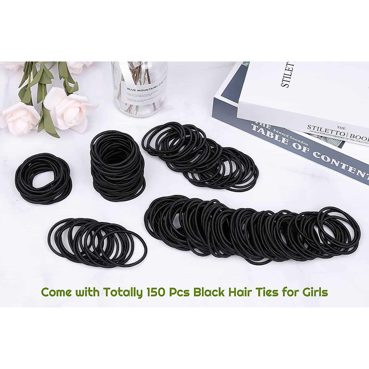 150 Pieces Black Hair Ties for Thick Curly Hair Bulk Hair Ties Ponytail Holders Hair Elastics Bands for Women or Men (4mm)