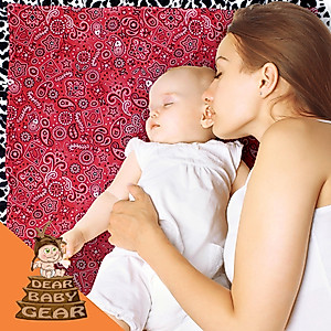 Dear Baby Gear Farm Deluxe Baby Blanket - Reversible, Milestone & Newborn Gifts for Girls and Boys - Red Handkerchief Blanket with Black Dot and Cow Print Ruffle - 33 x 33 Inches