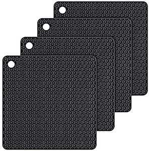 Silicone Trivets Mats, Silicone Hot Mats Set, Silicone Hot Pads, Silicone Pot Mat for Countertop, Trivet Pads Heat Resistant, Table Placemats, Square Small Drying Mats, 4 Pack, Black Trivets