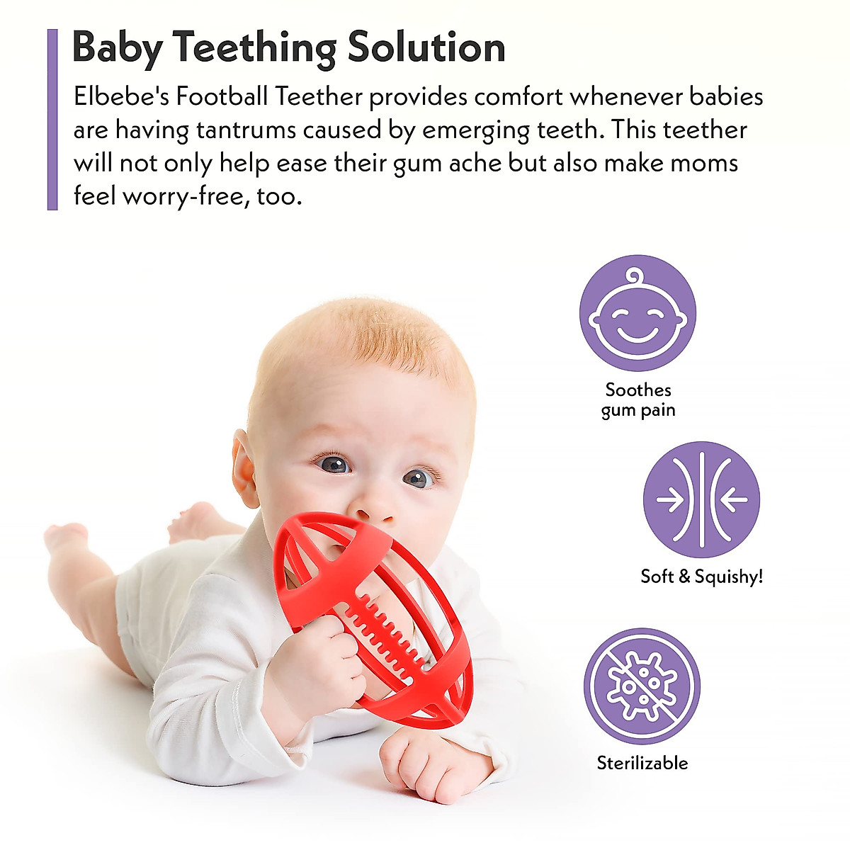 elbebe Silicone Football Baby Teether Toy - Teething Toys for Babies 0-6 months, BPA-free Baby Teething Toys, Chewable Baby Teethers 0-6 months, Baby Chew Toys for Teething Baby Relief -Coral Red