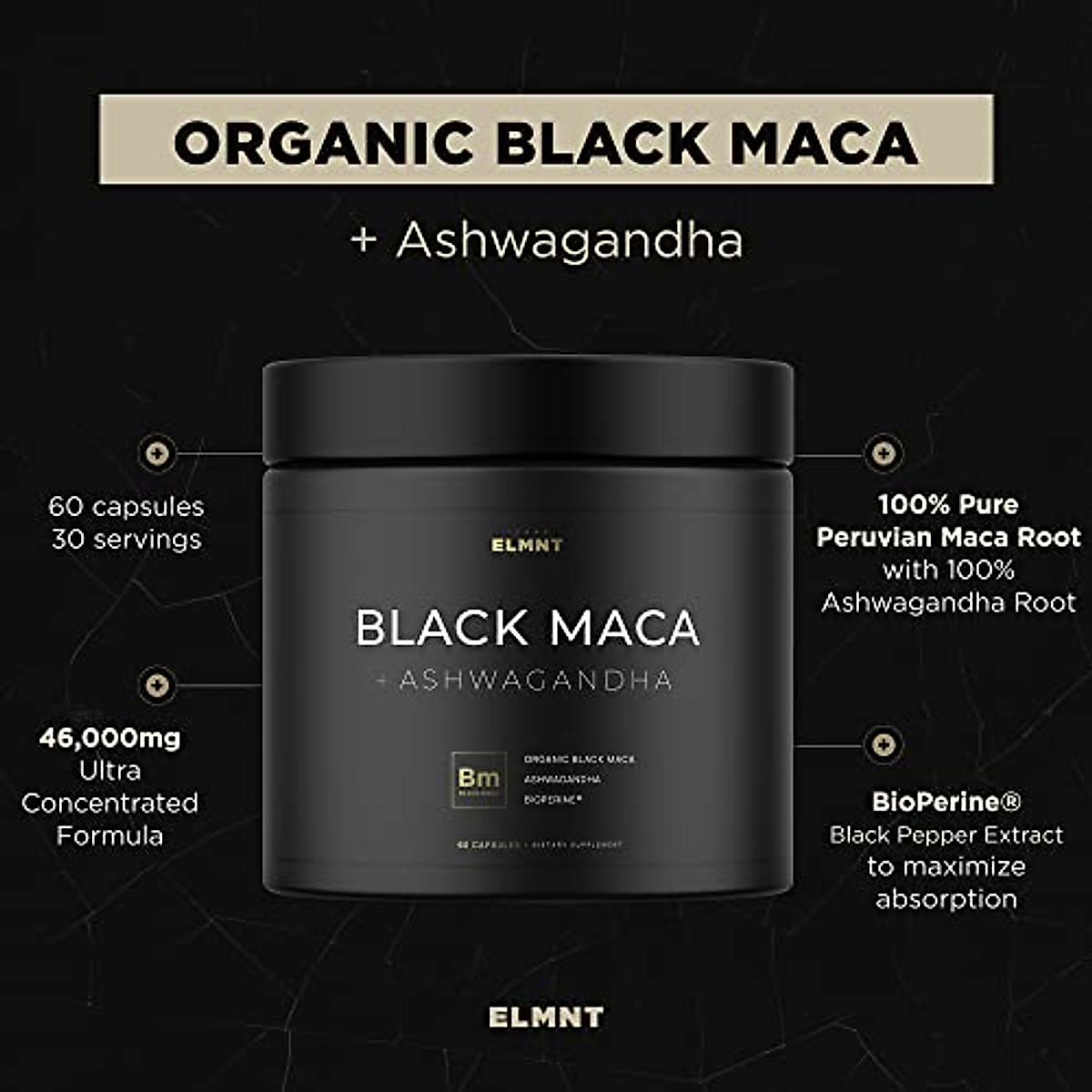 ELMNT 40,000mg 40x Strength Organic Black Maca Root w. Ashwagandha - Highest Potency Black Maca Root Capsules for Men with 100% Pure Maca Peruana Powder Organic, Gelatinized, Non-GMO - 60 Pills