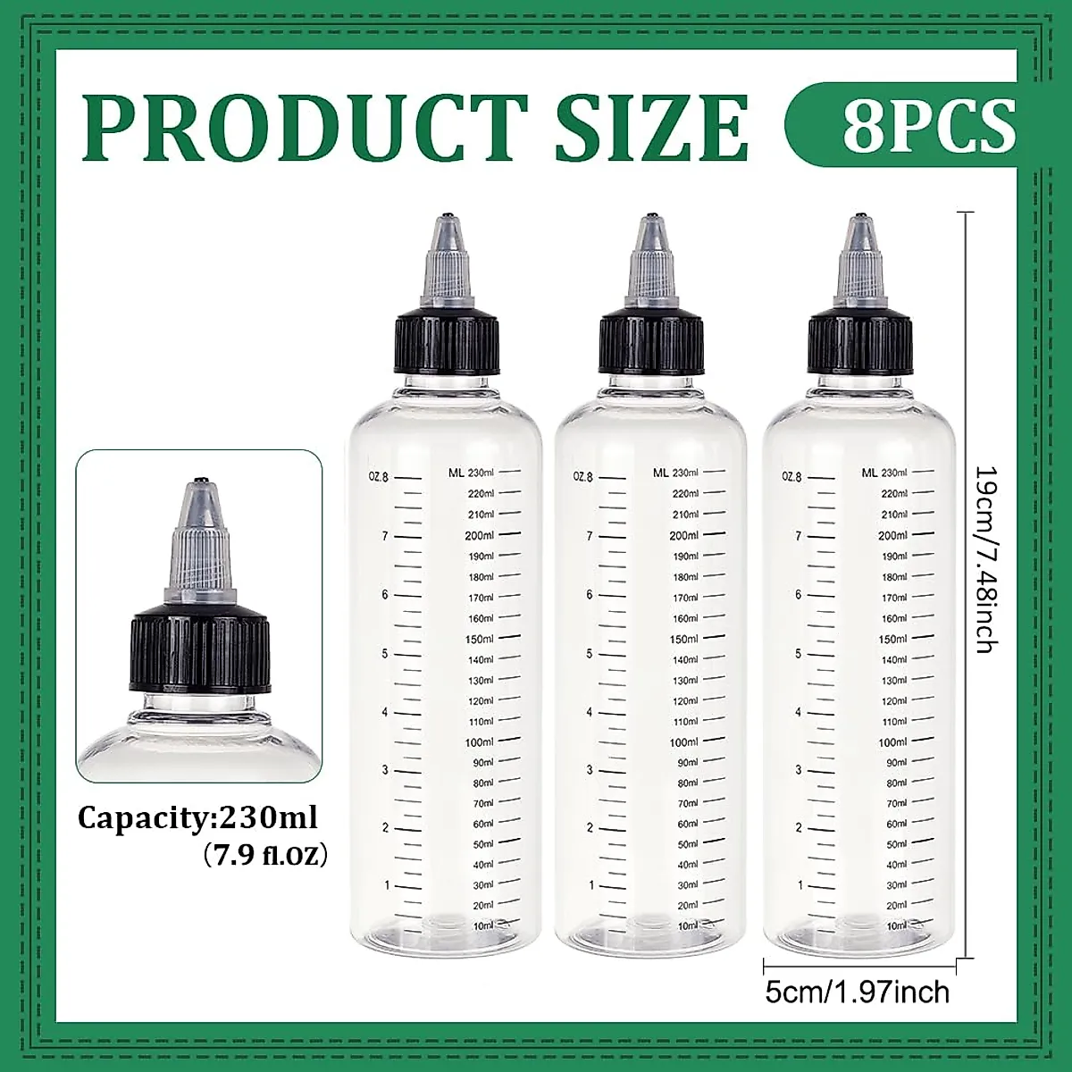 BENECREAT 8 Pack 8oz Large Transparent Plastic Dispensing Bottle with Twist Cap and Graduated Measurement for Liquids, Inks, Oils, Arts and Crafts