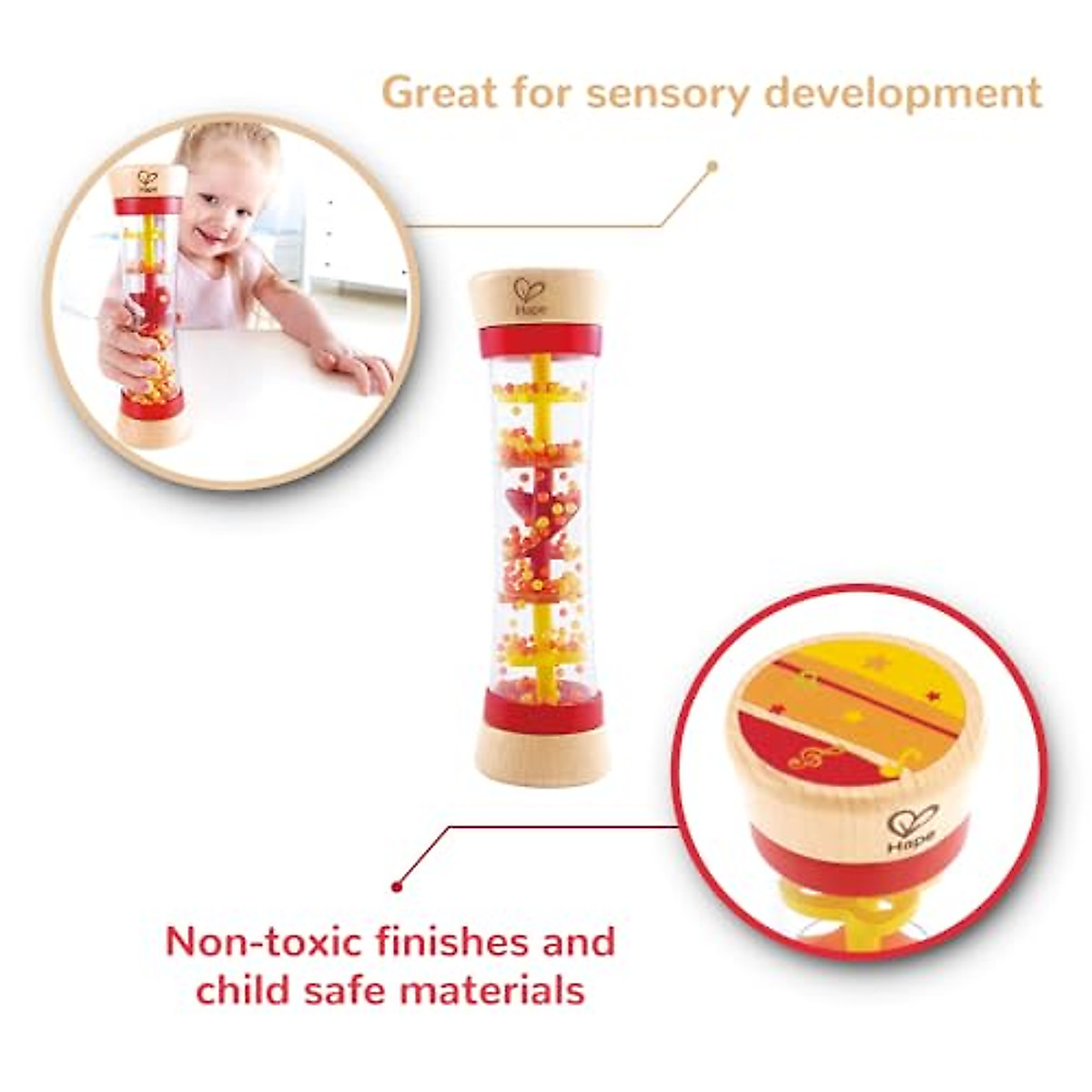 Hape Beaded Raindrops | Mini Wooden Musical Toddler Instrument, Shake & Rattle Rainmaker Toy, Red