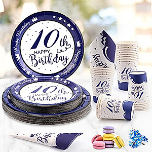 10th Birthday Decorations for Boys Girl, 96pcs Happy Birthday Plates and Napkins Navy Blue Party Tableware Set Party Supplies Paper Plates Napkins Cups 10th Birthday Plates - Serves 24 Guests