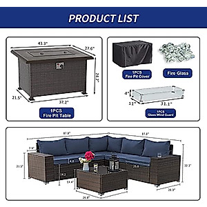Kullavik 7 Pieces Outdoor Patio Furniture Set with 43" 55000BTU Gas Propane Fire Pit Table PE Wicker Rattan Sectional Sofa Patio Conversation Sets,Dark Blue