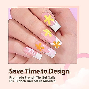 BTArtboxnails French Gel Nail Tips -150Pcs French Tip Press on Nails Pink Long Square 3 in 1 X-coat Tips Pre-applied Tip Primer & Base Coat, No Need to File Fake Nails for Nail Art DIY 15 Sizes