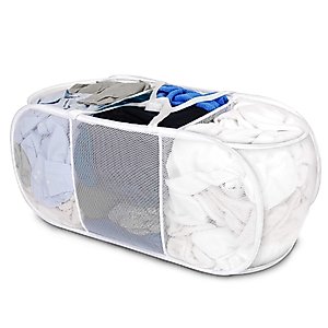 Smart Design Deluxe Mesh Pop Up 3 Compartment Laundry Sorter Hamper Basket - VentilAir Fabric Collapsible Design - for Clothes & Laundry - Home Organization (Holds 6 Loads) (33 x 15 Inch) [White]