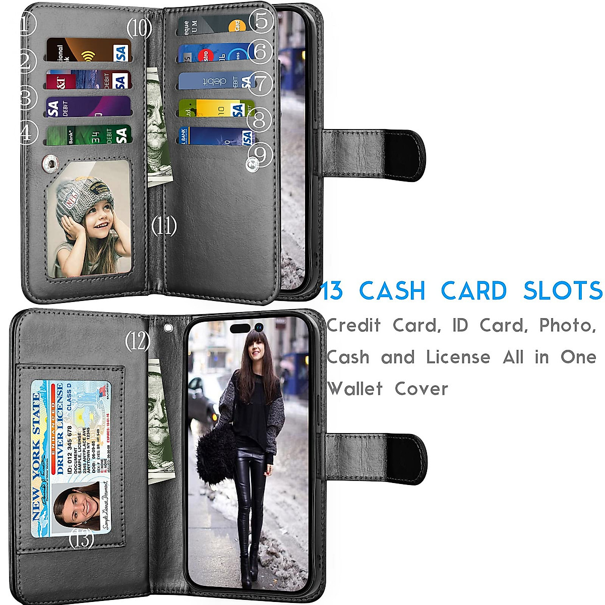 Tekcoo Wallet Case Compatible with iPhone 14 Plus (6.7 inch) 2022 Luxury ID Cash Credit Card Slots Holder Carrying Pouch Folio Flip PU Leather Cover [Detachable Magnetic Hard Case] - Black