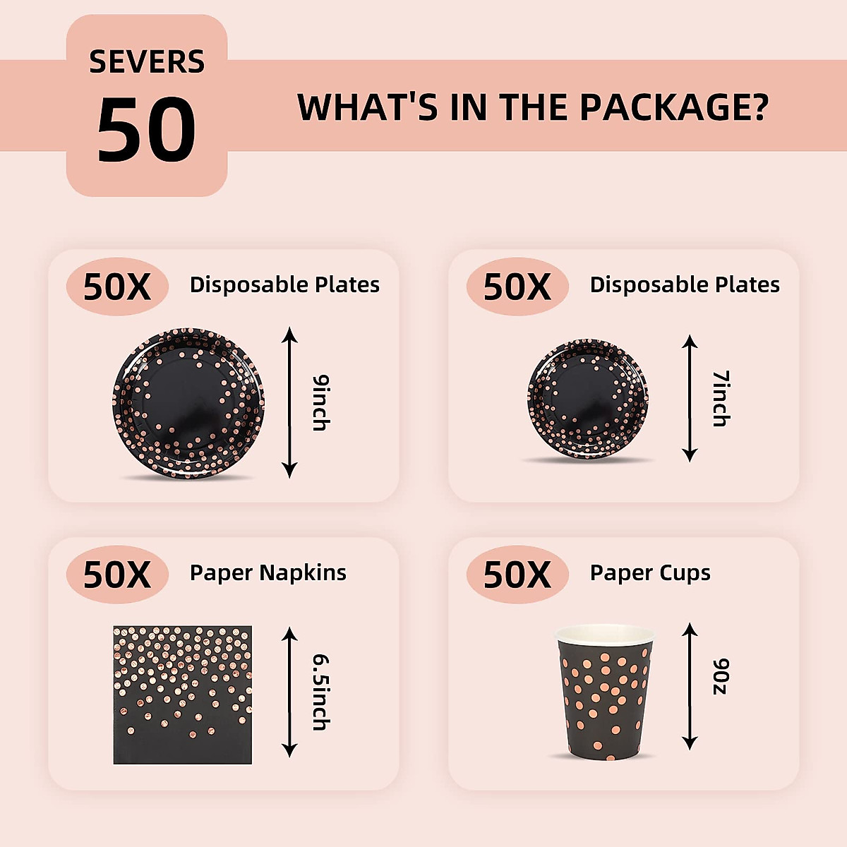Simbago Black and Rose Gold Party Supplies-Disposable Dinnerware Set 50 Paper Plates 50 Dessert Plates 50 Cups 50 Napkins,Retirement Birthday