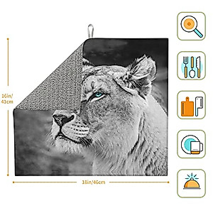 Lioness with Blue Green Eyes Printed Drying Mat For Kitchen Ultra Absorbent Microfiber Dishes Drainer Mats Non-Slip Silicone Quick Dry Pad - 18 X 16inch