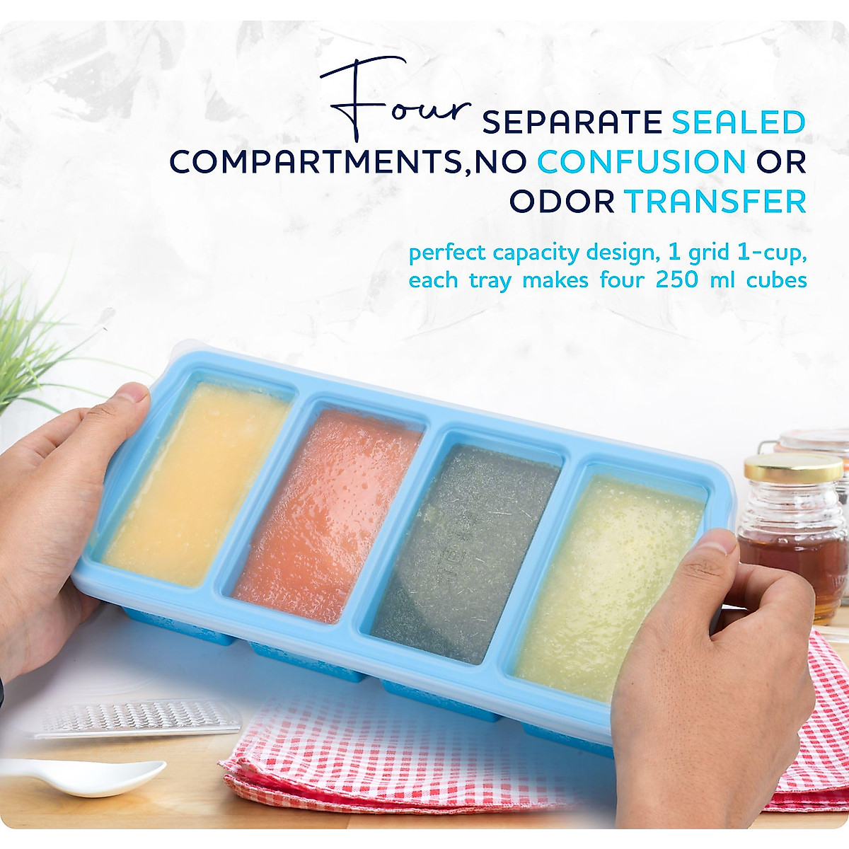 ZIP STANDING Silicone Freezer Trays with Lid,1-cup Soup Freezer Container large Ice Cube Molds with Reinforced Steel Ring Top for freezing Soup Sauce Broth Leftovers oven Dishwasher -Safe(2-Pack)