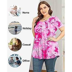 JUEYUN Plus Size Women's 2023 Casual Summer Short Sleeve Tops Loose Flowy Tunic Cute Pleated Flower Print Tee Shirts,Leaf Green,2X-Large