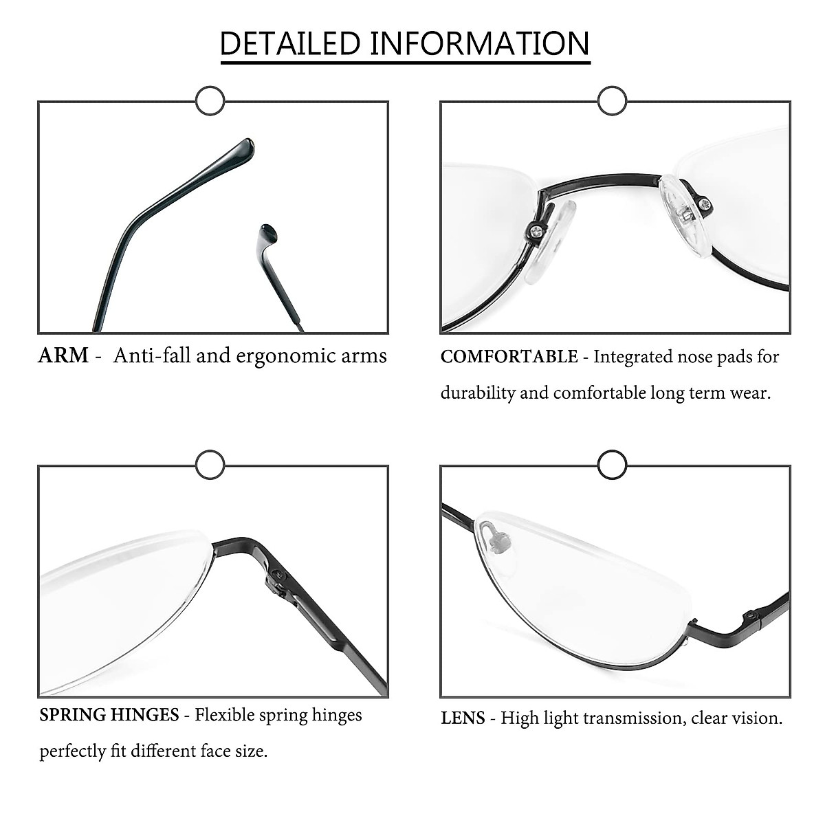 REAVEE 2 Pack Retro Designer Half Moon Reading Glasses Women Men Spring Hinge Half Frame Readers Stylish Slim Eyeglasses with Pouch,Red and Gun Grey 2.0