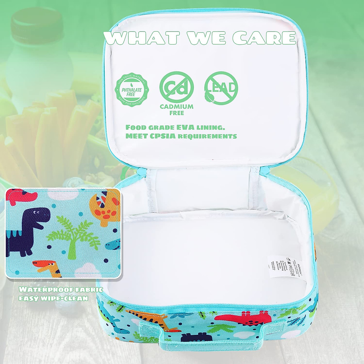 MORIOX Kids Dino Lunch Box, Cute Dinosaur Insulated Soft Bag Mini Cooler Back to School Thermal Meal Tote Kit for Boys Girls, Teal