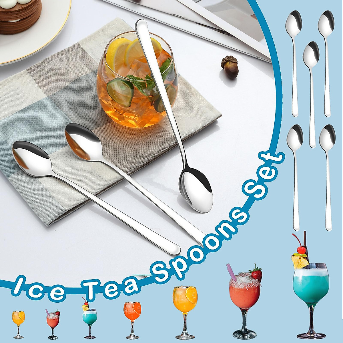 Pleafind 12-PCS Long Spoon (7.9 inch), Long Handle Iced Tea Spoons, Coffee Spoon, Ice Cream Spoon, Stainless Steel Stirring Spoon, Long Spoons for Shakes Cocktail Stirring Coffee Cold Drink