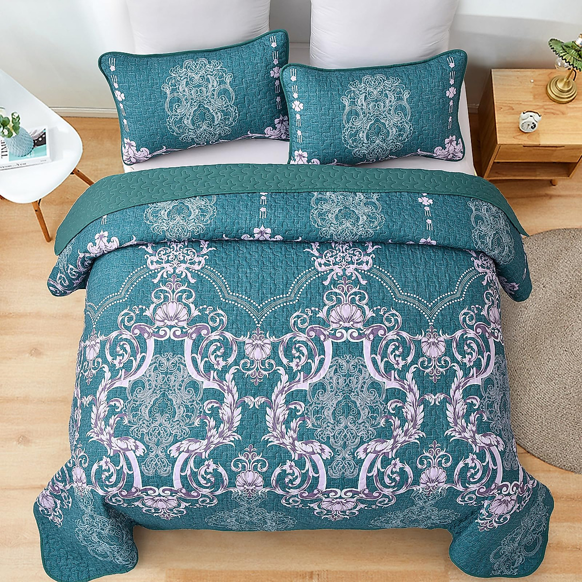 Dobuyly Teal Quilt Set Queen Size, 3 Pieces Boho Damask Green Bedspread Coverlet Set with 2 Pillowcases, Soft Lightweight Microfiber Luxury Quilt Bedding Set for All Season 96"x90"