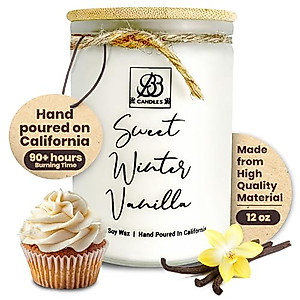 BB Candles Winter & Fall Collection - Natural Soy Hand Poured Fragrant Candles, Frosted Jars with Bamboo Lid, Ideal for Home Decor & Relaxation, 90+ Hours Burn Time, 12oz (Sweet Winter Vanilla)
