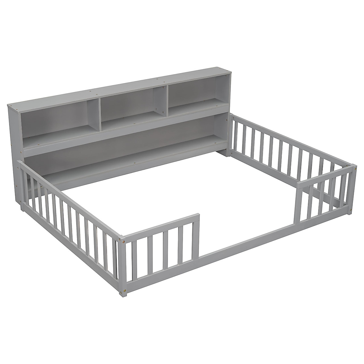 Harper & Bright Designs Full Size Floor Bed with Bedside Bookcase, Shelves, Guardrails, Wood Montessori Bed with Storage, Grey