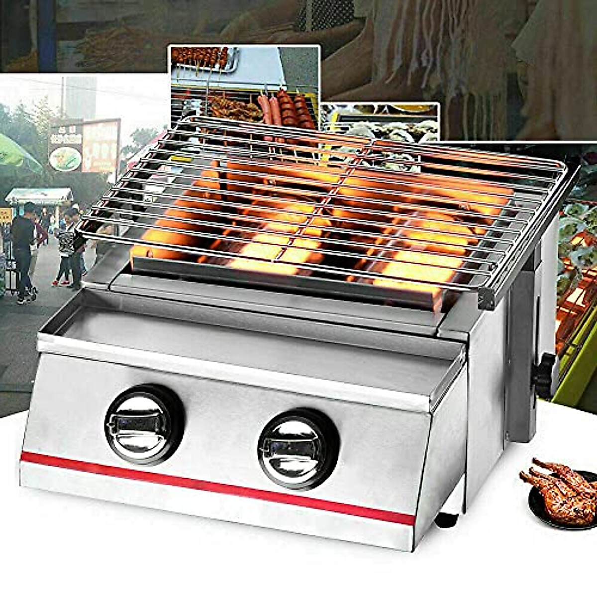 Fetcoi Tabletop Grill Portable Gas Griddle 2/3/4/6/8 Burners, Stainless Steel Home and Commercial Use LPG Gas Grill for Parties, Backyard Barbeques,Widely Used in Roadside Stalls, Carnivals, Buffets (2 Burners)