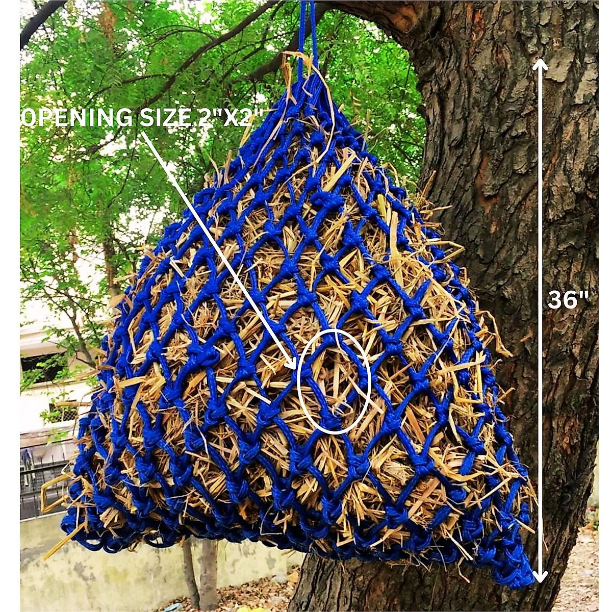Majestic Ally 2”x2” Holes Highly Durable Very Sturdy 36" Hay Net with for Horses, Goat, Travel Feeder for Trailer and Stall, Reduces Waste (Royal Blue)