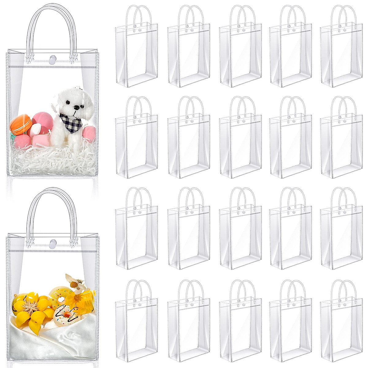 Clear PVC Gift Bags with Handles Reusable Plastic Wrap Tote Bags Transparent Shopping Bags for Christmas Party Favors Weddings Merchandise Retail Small Business, 9 x 6.7 x 2.6 Inches(100 Pieces)