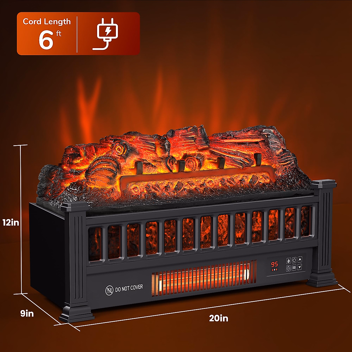 Alpaca Electric Fireplace Logs 20-Inch, Remote Controller Fireplace Insert Log Heater, Adjustable Flame Colors, Realistic Fake firewood Flame, Overheat Protection, Timer, Thermostat, 1500W Black