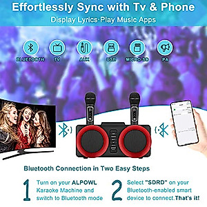 ALPOWL Karaoke Machine for Kids Adults with 2 UHF Wireless Microphone, Portable Bluetooth Speaker PA System with LED Lights for Home Party, Wedding, Church, Picnic, Outdoor/Indoor (Black I)