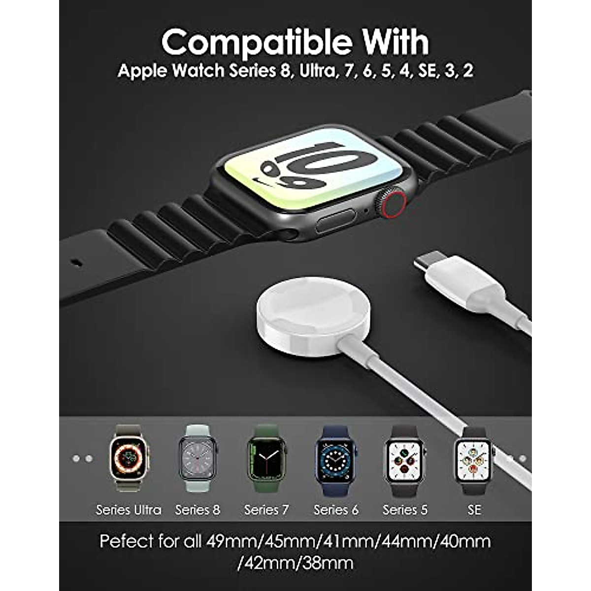 2-Pack Watch Charger Compatible with Apple Watch Charger, USB-C & USB-A Portable Fast Magnetic Wireless Charging Cable Compatible for iWatch Series Ultra 8 7 6 5 4 3 2 1 SE SE2, White(3.3FT/1M)