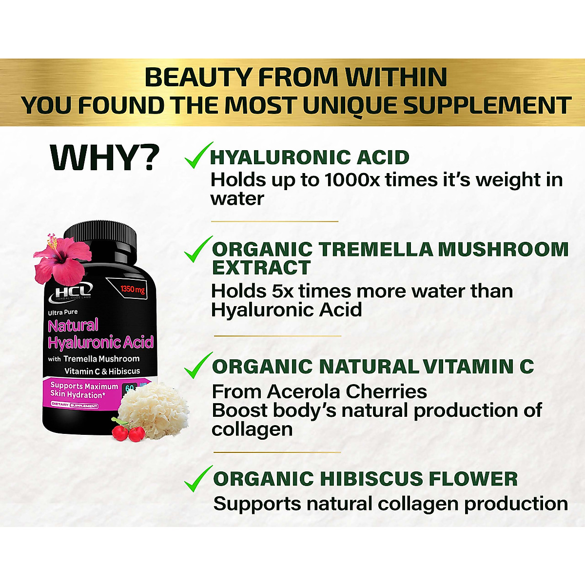 Natural Hyaluronic Acid Supplement 5X Stronger Hydration Pills from Pure Tremella Mushroom with Vitamin C & Hibiscus - Skin Supplement Anti Wrinkle Dietary Capsules - Hair Nails Vitamins