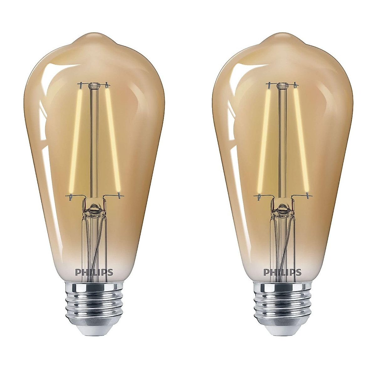 Philips LED Vintage Flicker-Free Amber Straight ST19 Dimmable, Eyecomfort Technology, 300 Lumen, Amber Light(2000K), 4.4W=40W, Title 20 Certified, E26 Base, 2-Pack, (564849)