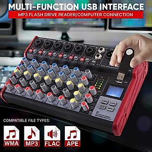 Pyle Professional Wireless DJ Audio Mixer - 8-Channel Bluetooth Compatible DJ Controller Sound Mixer w/USB Port, 6 Mic/Line Input, ¼” Mono/Stereo Input, Headphone Jack, 48V Phantom Power - PMX848BT