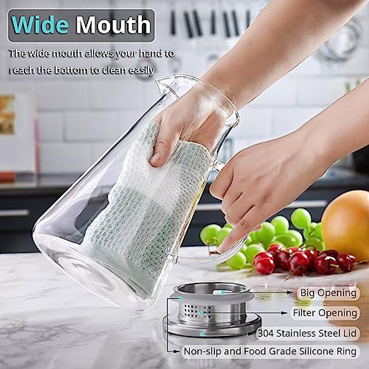 2 Liter 68 oz Glass Pitcher with Lid, Bivvclaz Glass Water Pitcher for Fridge, Glass Water Carafe for Hot/Cold Beverage, Iced Tea Pitcher, Large Pitcher for Coffee, Juice, Easy Clean Glass Jug