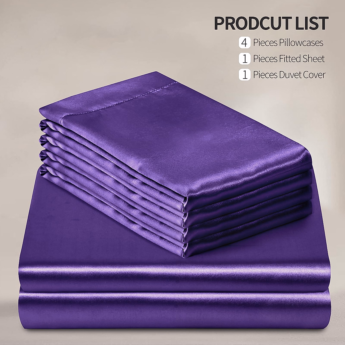 Manyshofu 6Pcs Dark Purple Duvet Cover Set Queen Size with Satin Fitted Sheet - Not Comforter, Cooling Satin Duvet Cover Sheets Silky Comforter Cover Set(4 Pillowcases, 1 Duvet Cover, 1 Fitted Sheet)
