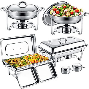 4 Pcs Chafing Dishes Buffet Set Stainless Steel Chafing Dishes 9.5 Qt Rectangular Chafers 3.7 Qt Round Buffet Warmers Set Silver Food Warm with Folding Frame for Banquet Party Catering Supplies