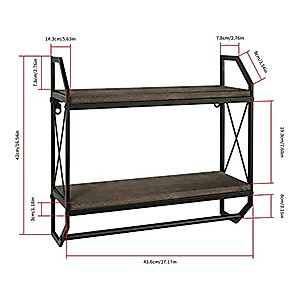 Abyssfish 2 Tier Metal Industrial Bathroom Shelves with Towel Bar Floating Storage Organizer Shelves Rustic Wall Mounted Shelves Over Toilet Towel Rack for Bathroom, Bedroom, Kitchen