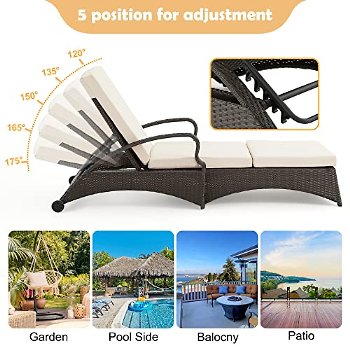 GYUTEI Chaise Lounge Chair with 5 Adjustable Position Thickened Cushion Outdoor Reclining Chaise with Wheels for Patio Backyard Porch Garden Beach Poolside(Khaki)