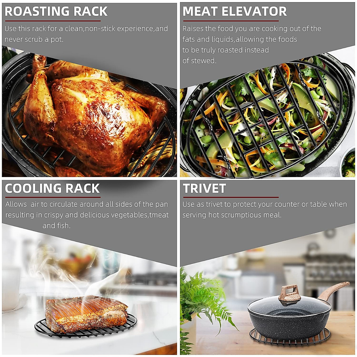 DIMESHY Roasting Rack, Black with Integrated Feet, Enamel Finished, Nonstick, fit for 13 inches oval roasting pan, safety, dishwasher, Great for Basting, Cooking, Drying, Cooling rack.(10”x 6.5”)