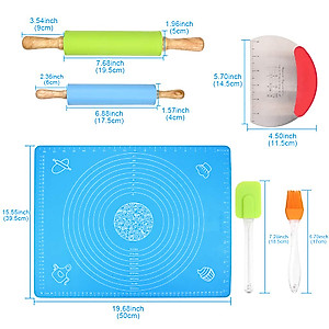 Ewinever 1Set Rolling Pin Pastry Mat Set Non-Stick 6 in 1 Dough Roller Baking Kit with Pastry Cutter Reusable Kneading Mat Scraper Basting Brush