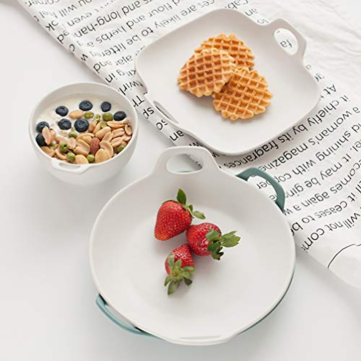 UPKOCH Porcelain Serving Tray Ceramic Dinner Plates 8 Inches with Double Handle Serving Platter Fruit Dessert Plate Cake Dish for Home Kitchen (White)