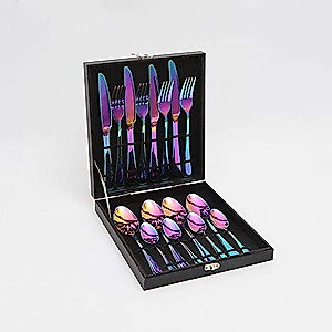 Lightahead 16pcs Rainbow colored Iridescent Stainless Steel Flatware Tableware Cutlery Set in attractive Black Gift Box (Multicolored)