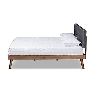 Wholesale Interiors Baxton Studio Devan Mid-Century Modern Dark Grey Fabric Upholstered Walnut Brown Finished Wood Full Size Platform Bed