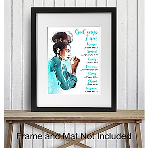 Bible Verse Wall Art & Decor - African American Women - God Says You Are - Inspirational Motivational Poster - Religious Christian Scripture Encouragement Gifts - Black Girls Bedroom - Blue - 8x10