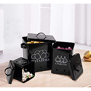 Xbopetda Food Storage Container for Potato, Onion and Garlic, Canister Sets for Kitchen Counter, Square Vegeatable Storage Pots, Kitchen Storage Jars with Aerating Tin Storage Holes & Lid-Black