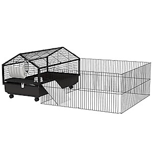 PawHut Small Animal Cage with Foldable Run Area, Rolling Bunny Cage, Guinea Pig Cage, Hedgehog Cage with Water Bottle, Water Bowl, and Ramps, 46.5"