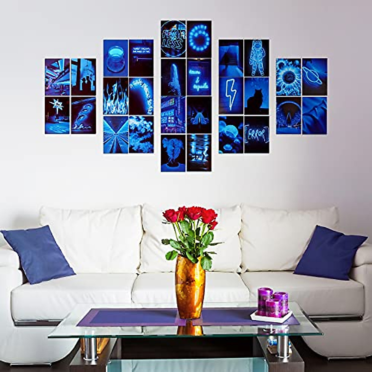 Ctosree 50 Pieces Blue Neon Aesthetic Pictures Wall Collage Kit Neon Blue Indie Room Decor Photo Collections Collage Dorm Decors for Girl Teens and Women for Room Bedroom Aesthetic, 4 x 6 Inches