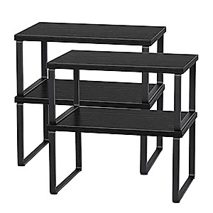 CADUKE Set of 4 Kitchen Counter Shelves Stackable Shelf Organizer Wood Countertop Shelf Expandable Cabinet Shelf Organizers Countertop Storage Rack for Pantry, Industrial Black