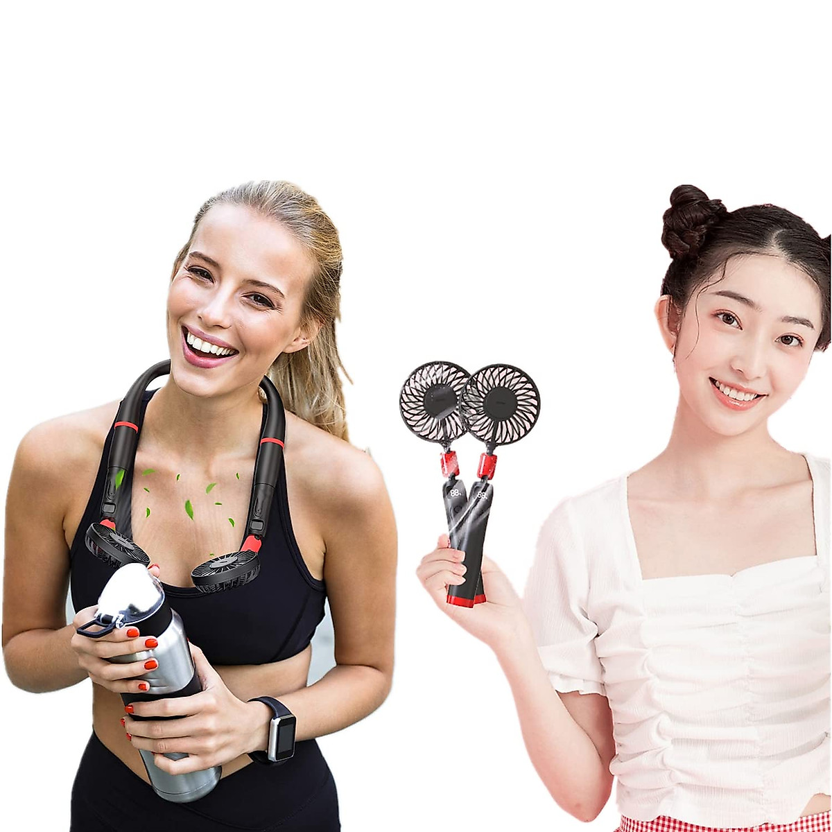 Howkes Handheld and Neck Fans, 2 in 1 Hand and Wearable Fan, 4000 mAh Battery, USB Charge, 3 Speed with Display Screen, (Black Red)