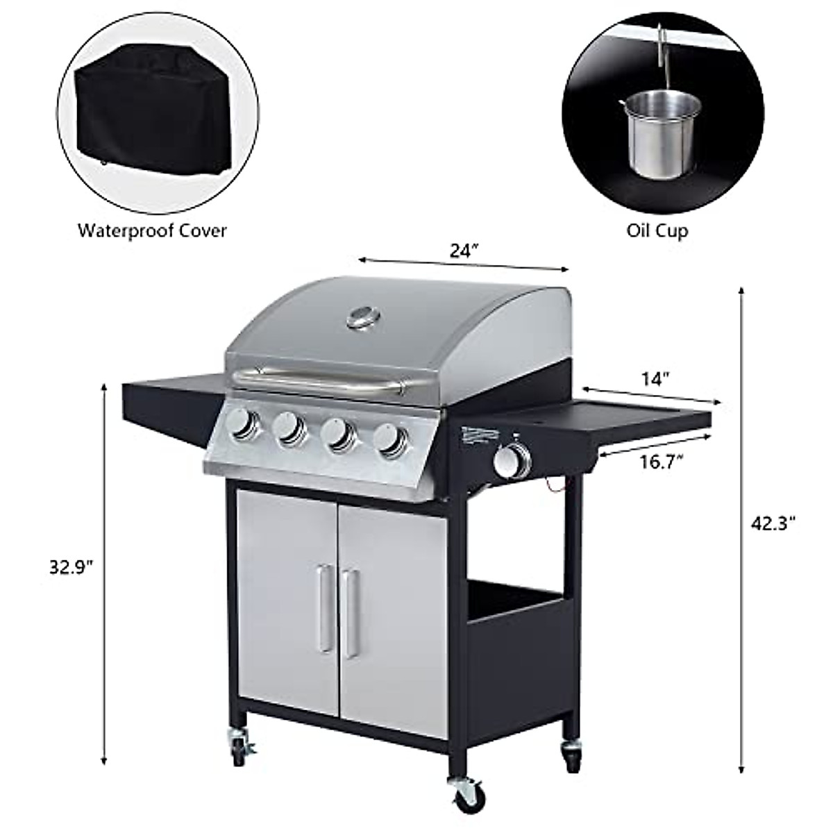 4-Burner BBQ Propane Grills Outdoor Gas Grill with Side Burner Stainless Steel Grills with Wheels for Camp Cooking Barbecues